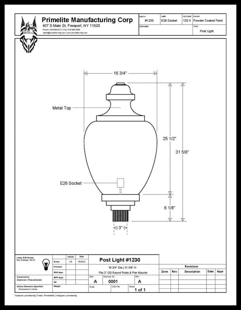 Acorn Street Light with Metal Top - Primelite Manufacturing