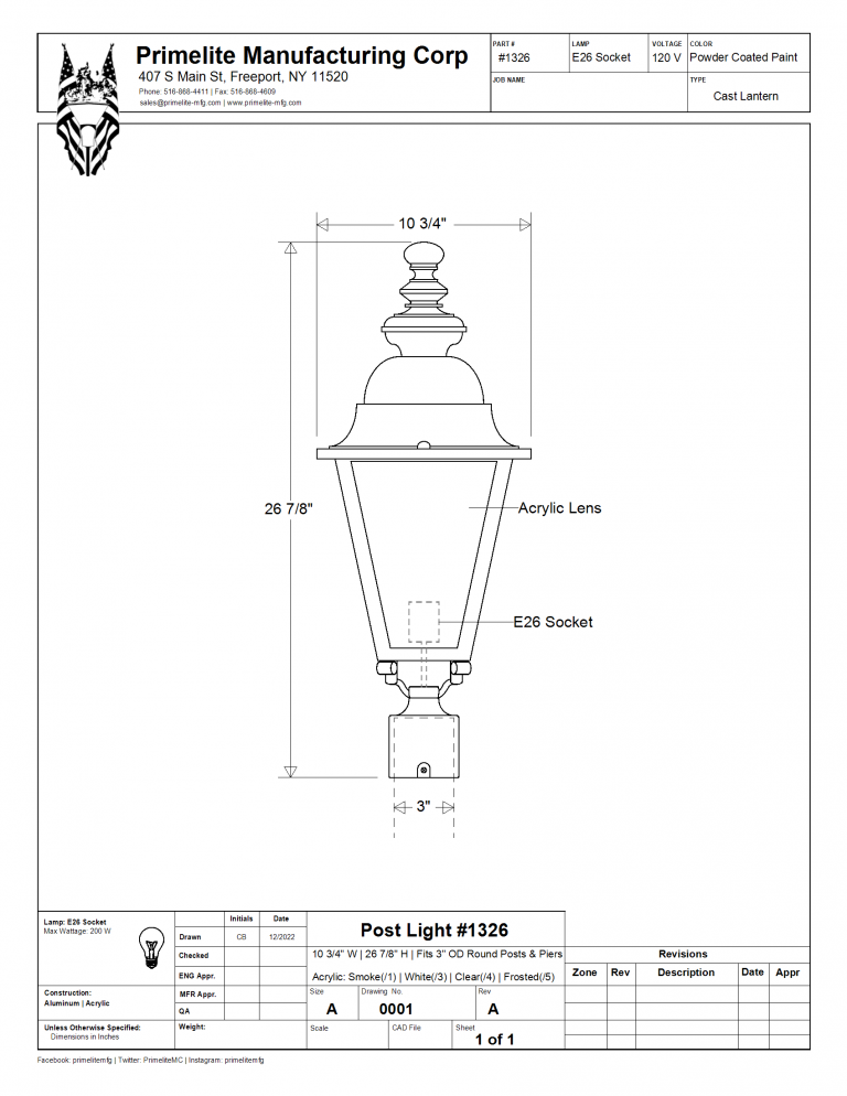 11″ Cast Aluminum Post Lantern - Primelite Manufacturing