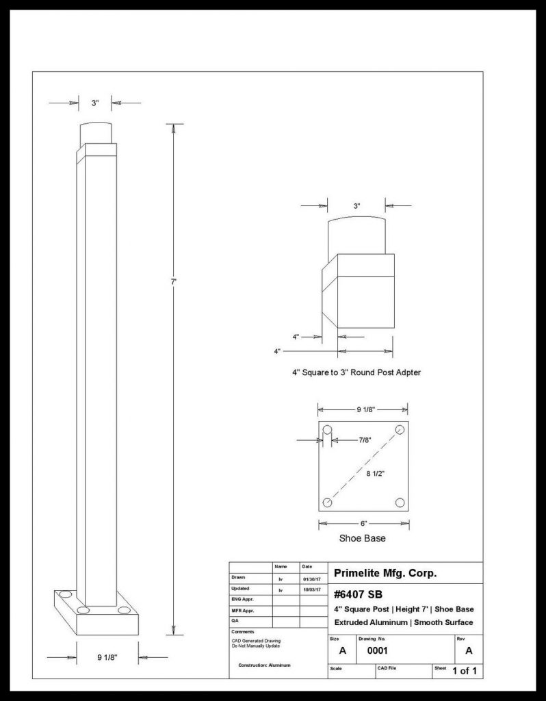 4″ Aluminum Square Post with Shoe Base - Primelite Manufacturing